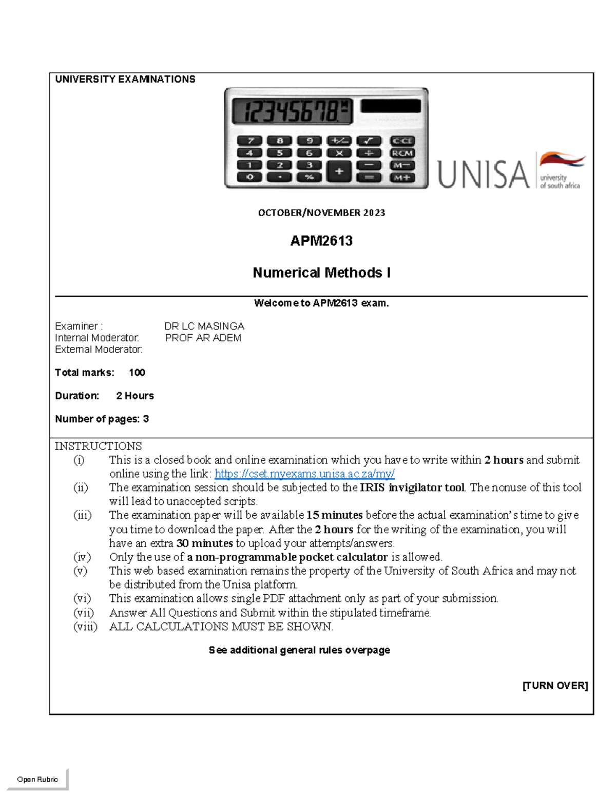 APM2613 Final Exam Guidelines & Questions - Numerical Methods I 2023 ...