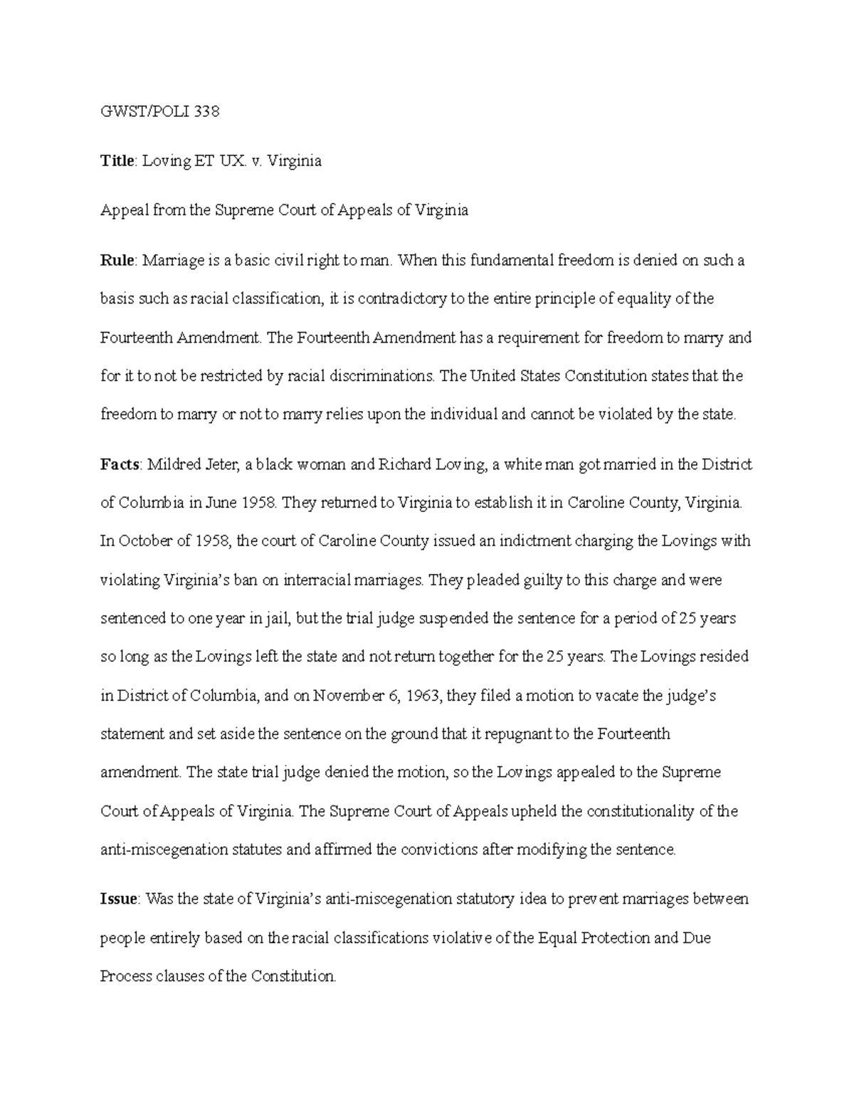 Loving v. Virginia Case Brief - GWST/POLI 338 Analysis and Conclusion ...