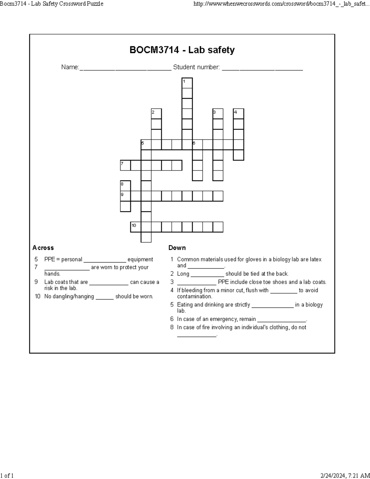 Bocm3714 - Lab Safety Crossword Puzzle - BOCM3714 - Lab safety Name
