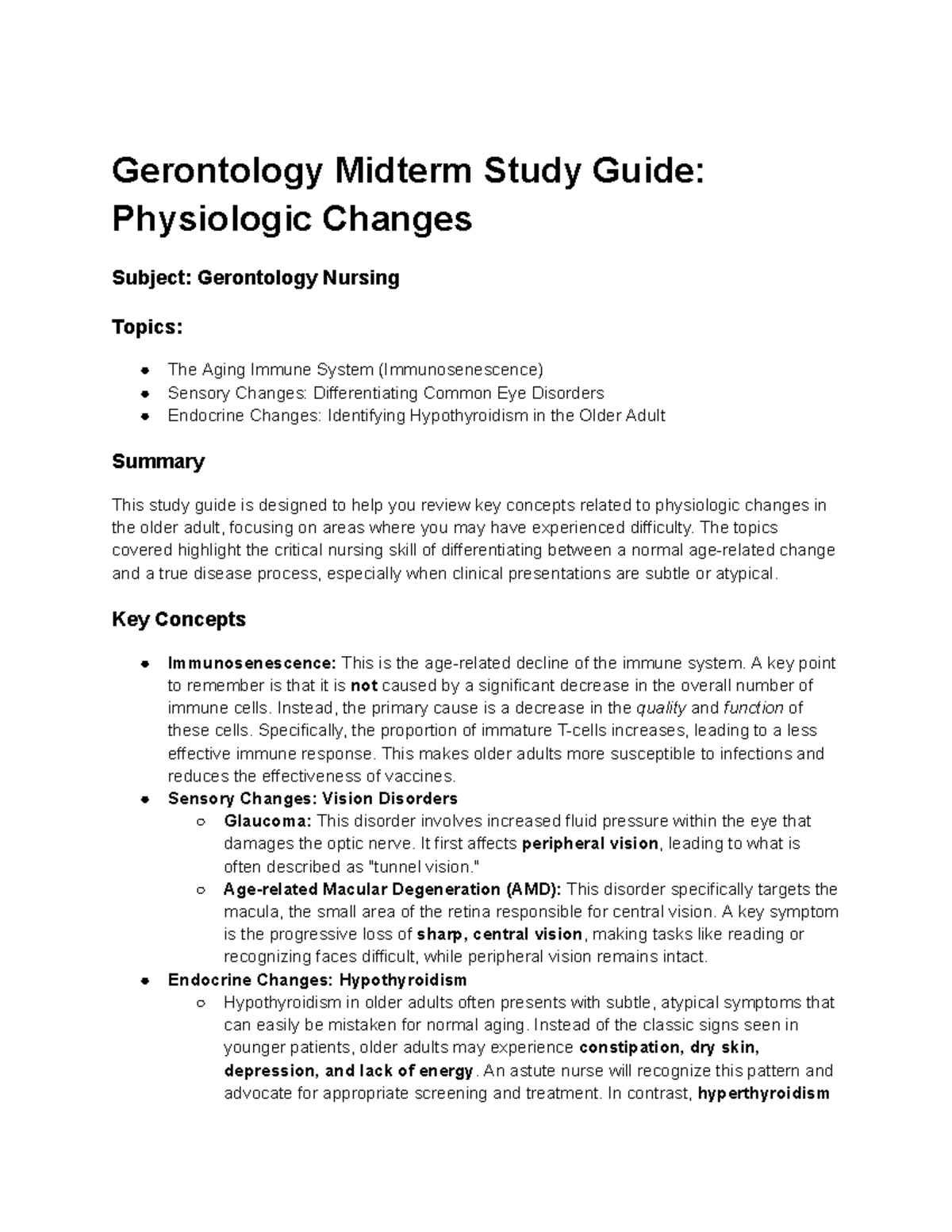 Gerontology NUR 305 Midterm Study Guide: Physiologic Changes in Aging ...