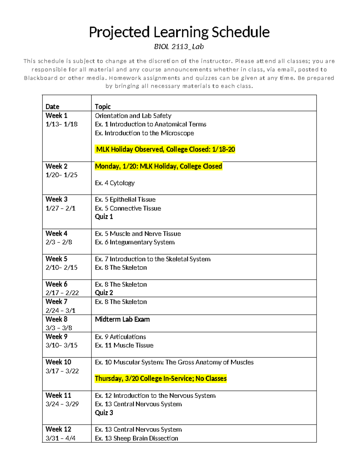 BIOL 2113 - Lab Schedule and Learning Plan - Chattahoochee Tech - Studocu