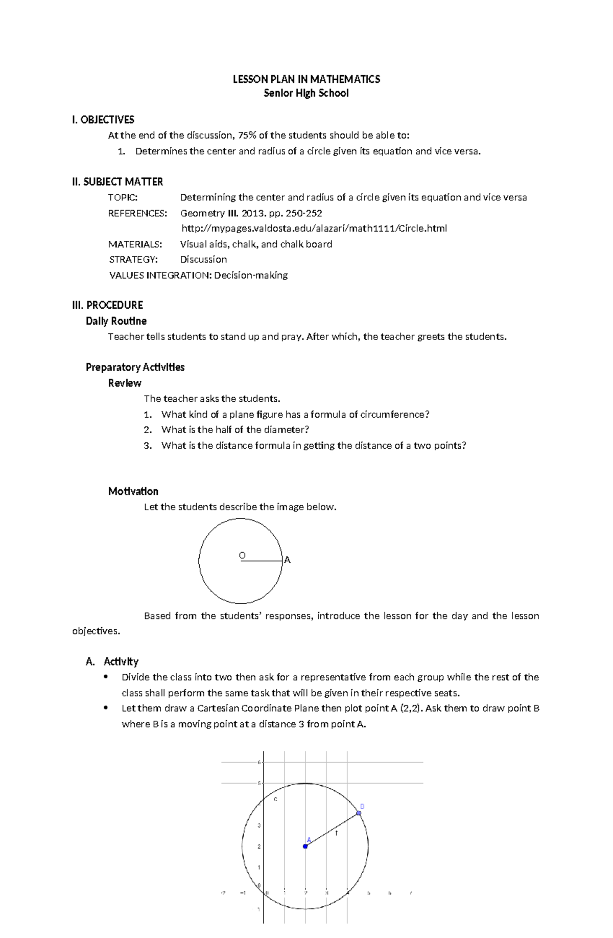 Senior High Mathematics Lesson Plan: Circle Equations & Properties ...