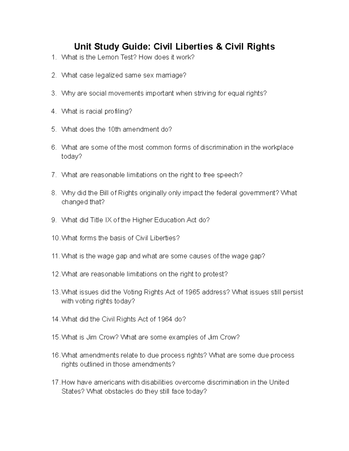 Unit Study Guide: Civil Liberties & Civil Rights - Studocu
