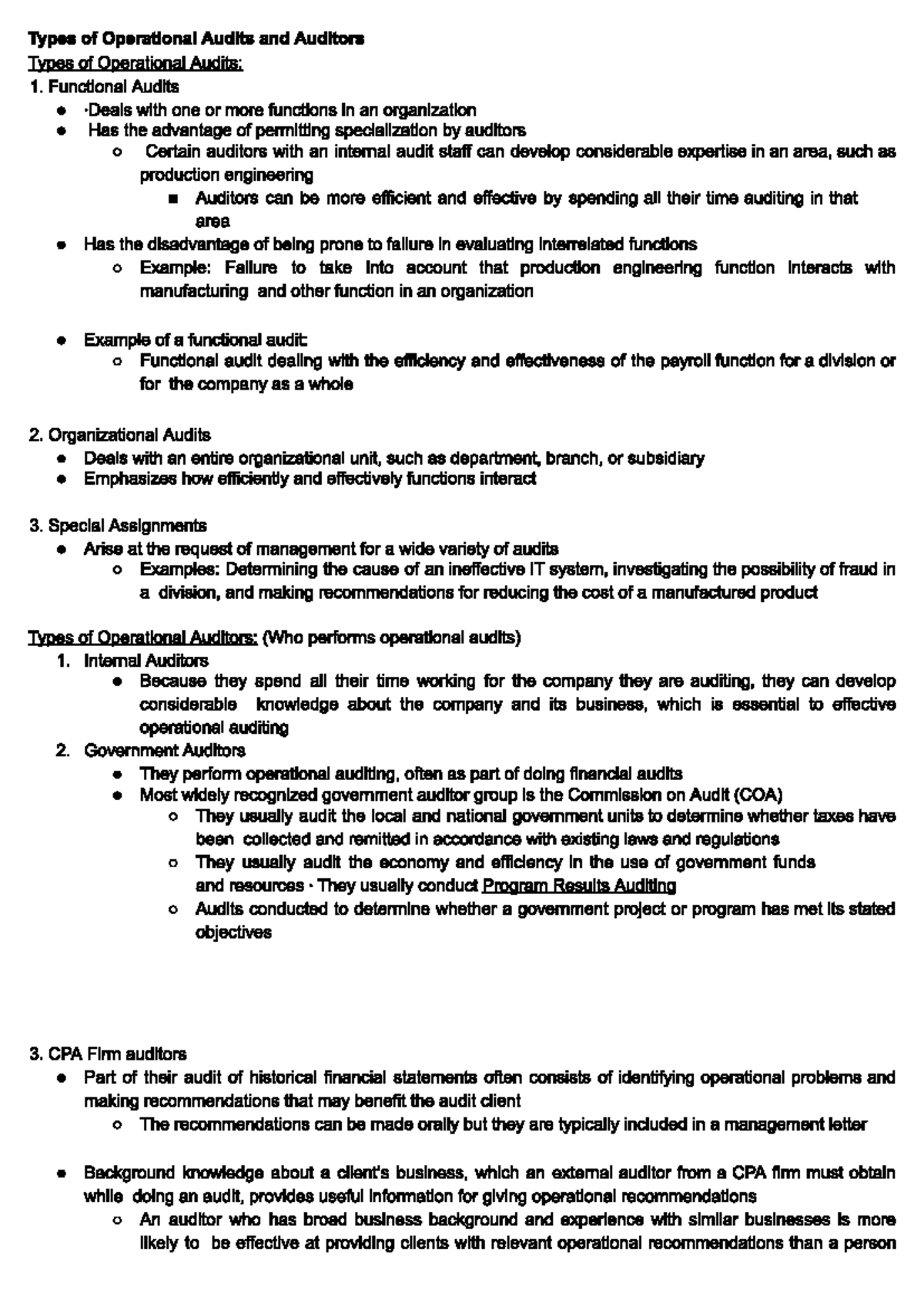 Review - good luck - Types of Operational Audits and Auditors Types of ...