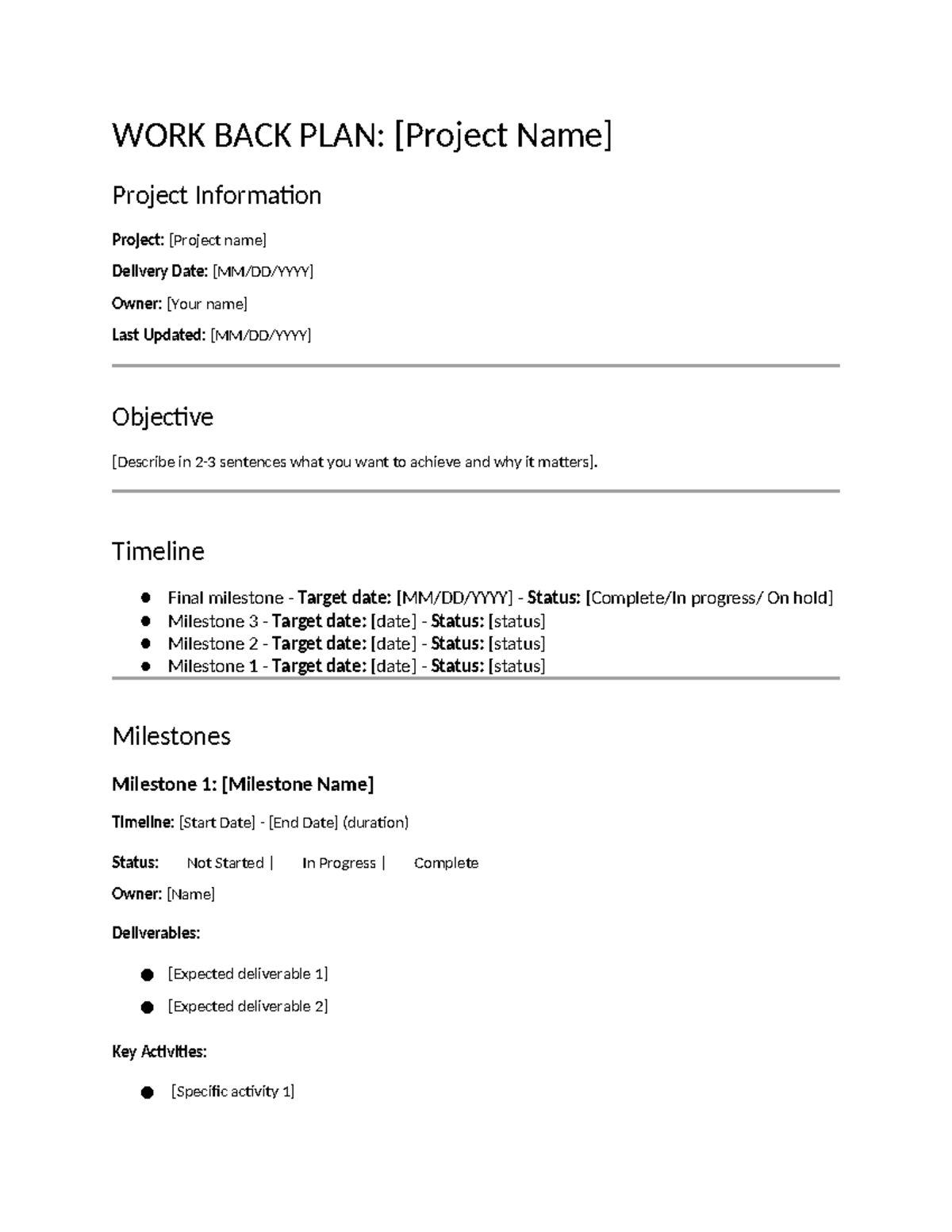 Work Back Plan Template: Project Milestones & Deliverables - Studocu