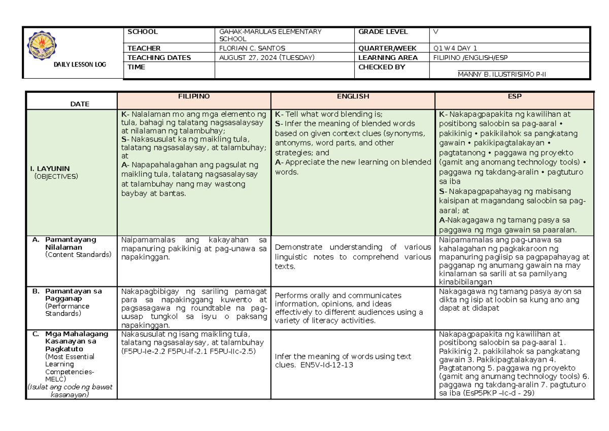 **Rev. Daily Lesson Log (DLL) Q1 W4 Day 1: Filipino/English/ESP - Aug ...