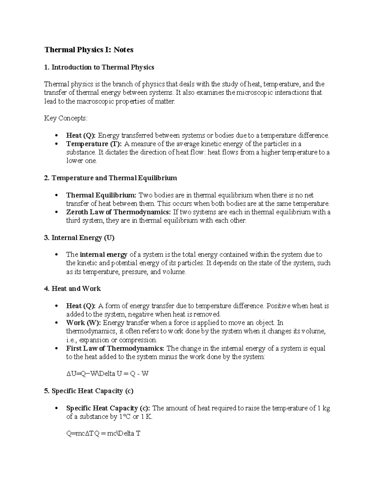 Thermal Physics I: Lecture Summary on Key Concepts and Principles - Studocu
