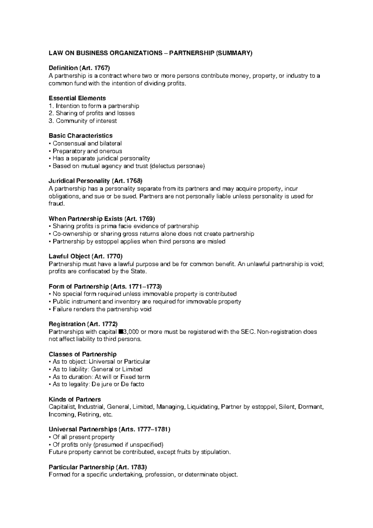 LAW ON BUSINESS ORGANIZATIONS: PARTNERSHIP SUMMARY - Studocu
