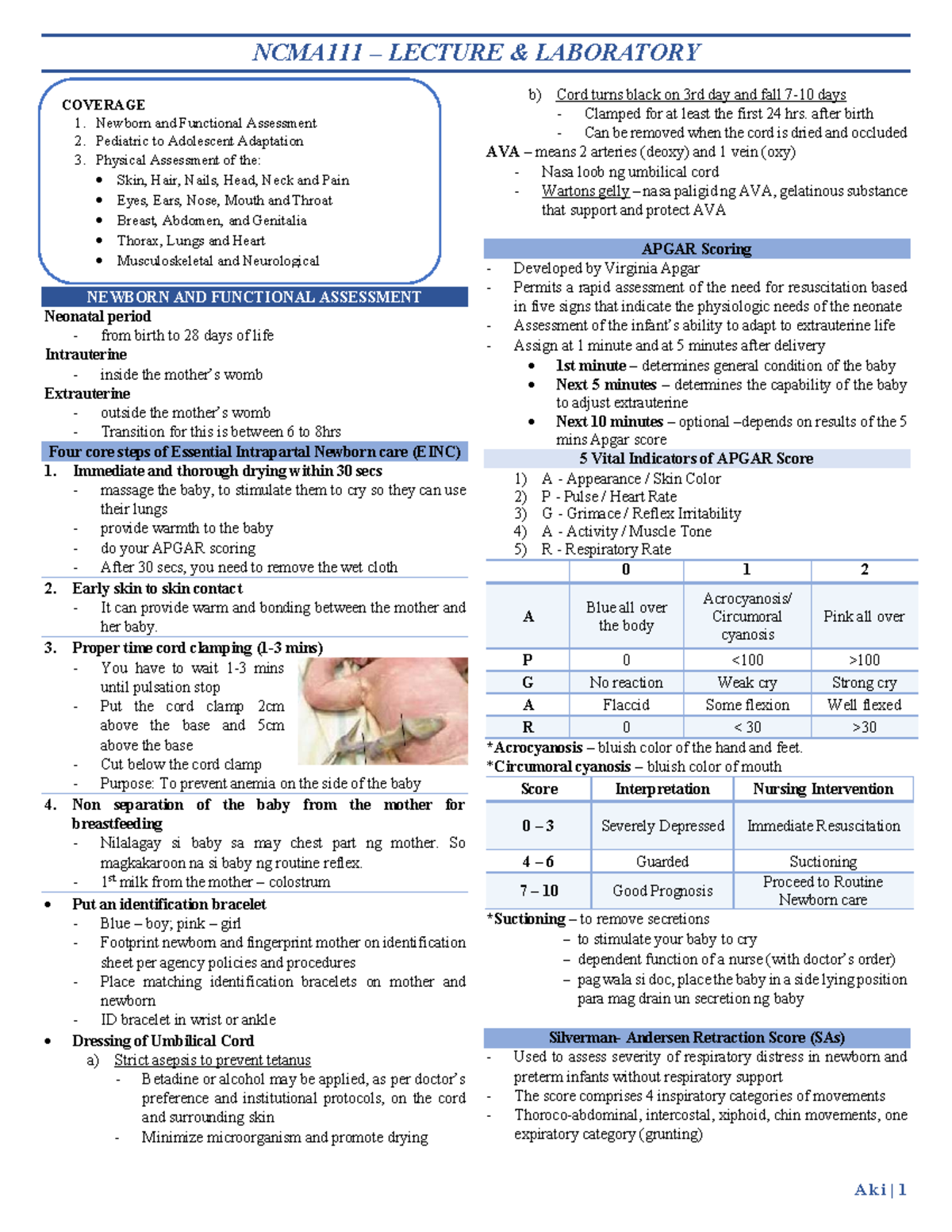 NCMA111 LEC LAB-1: Newborn Assessment & Pediatric Care Midterm Review ...
