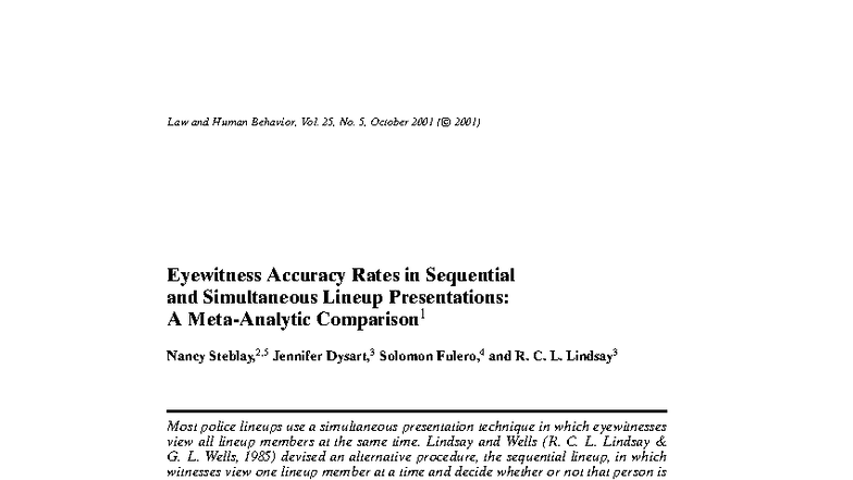 FJU Law and Human Behavior: Eyewitness Lineup Accuracy Study - Studeersnel