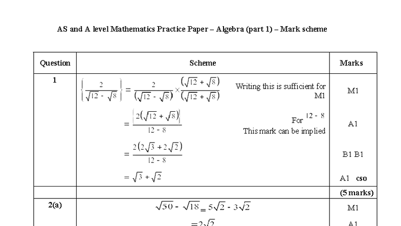 AS Mathematics Practice Paper Algebra (Part 1) Mark Scheme - Studocu