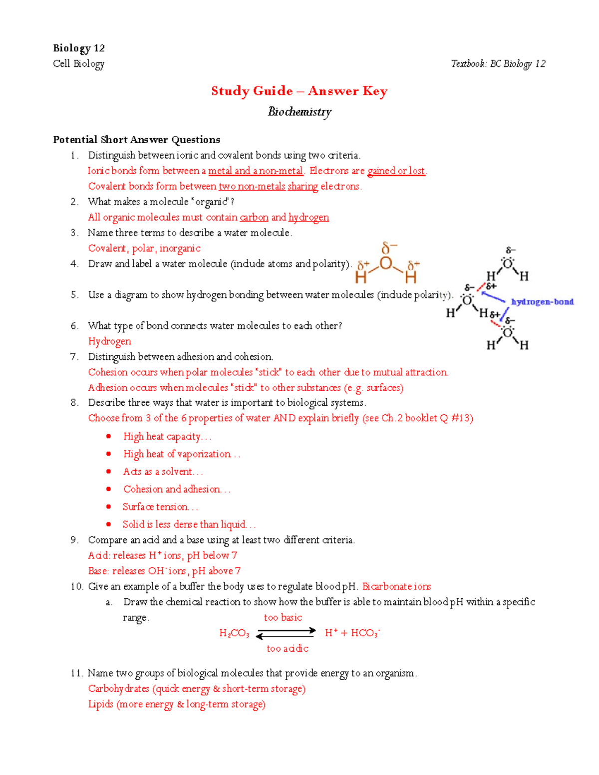 Biology 12 - Unit 2 Study Guide Answer Key - Studocu