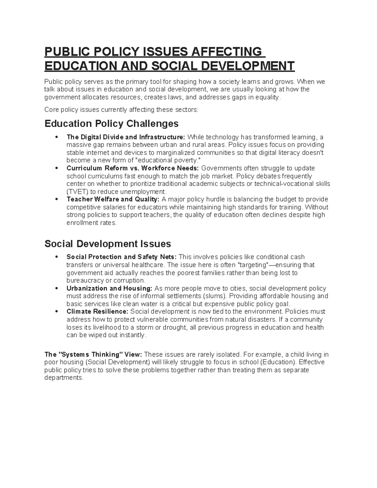 Public Policy Issues in Education & Social Development (2026) - Studocu