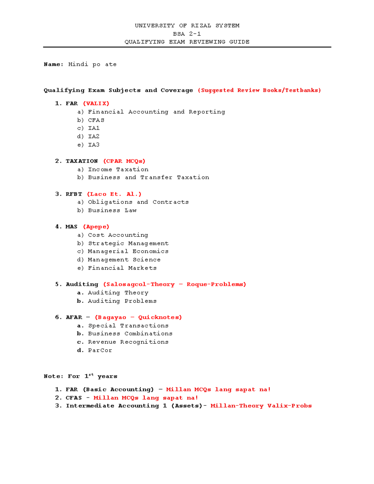 BSA Qualifying Exam Review Guide - University of Rizal System - Studocu