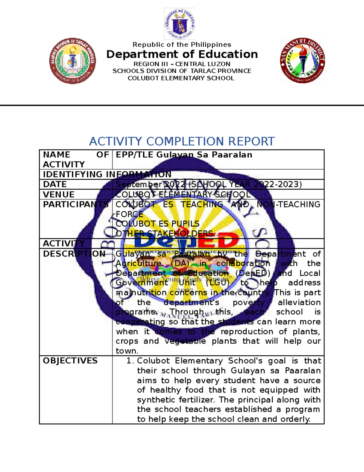 EPP/TLE Activity Completion Report: Gulayan Sa Paaralan 2022 - Studocu