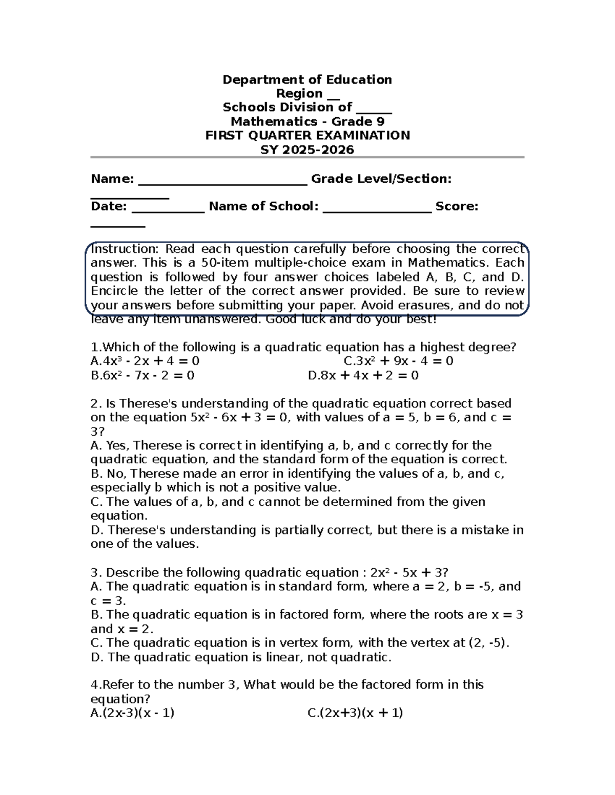 Mathematics 9 MELC Q1 EXAM: Quadratic Equations and Functions - Studocu
