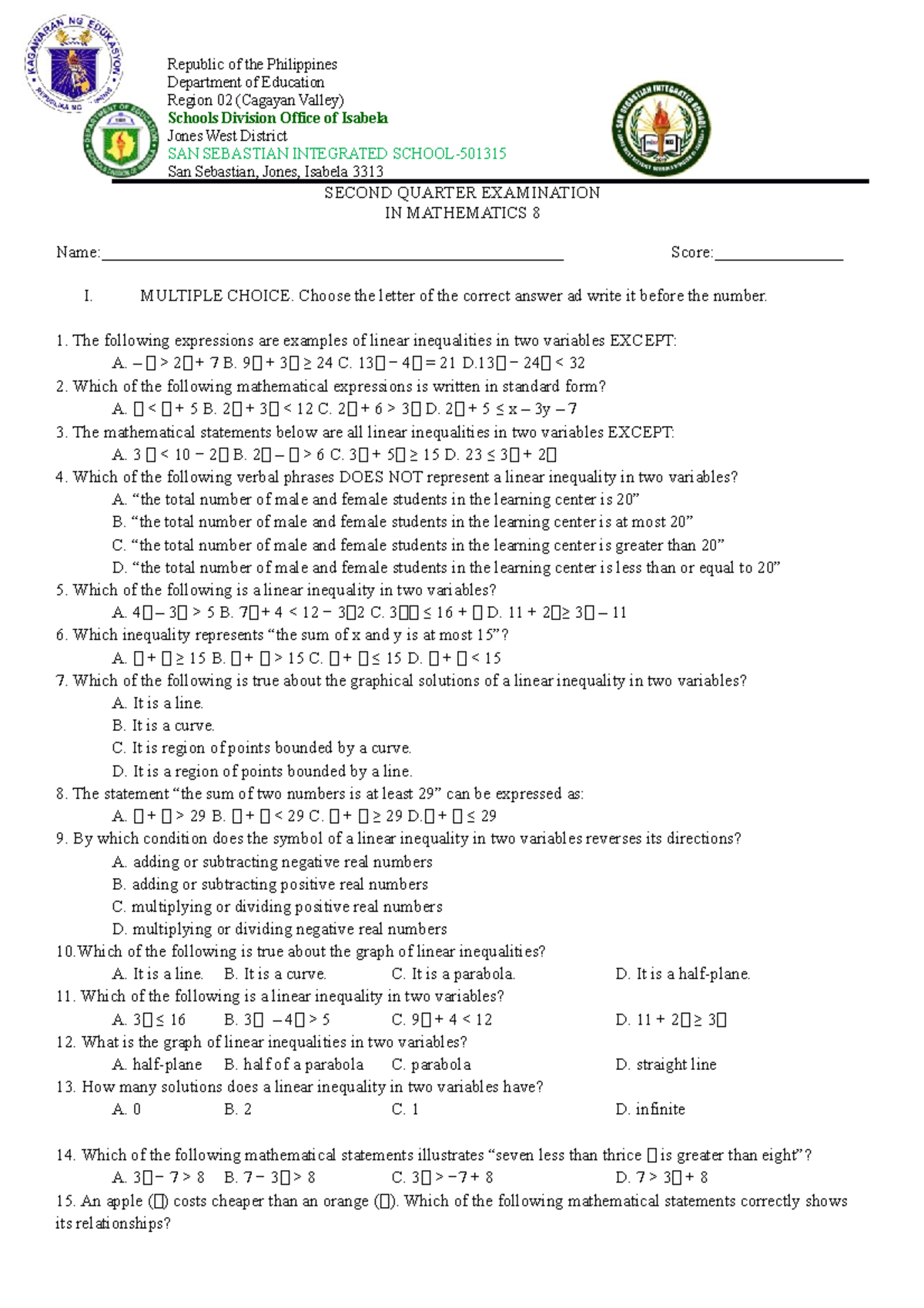 MATH 8 - math - Republic of the Philippines Department of Education ...