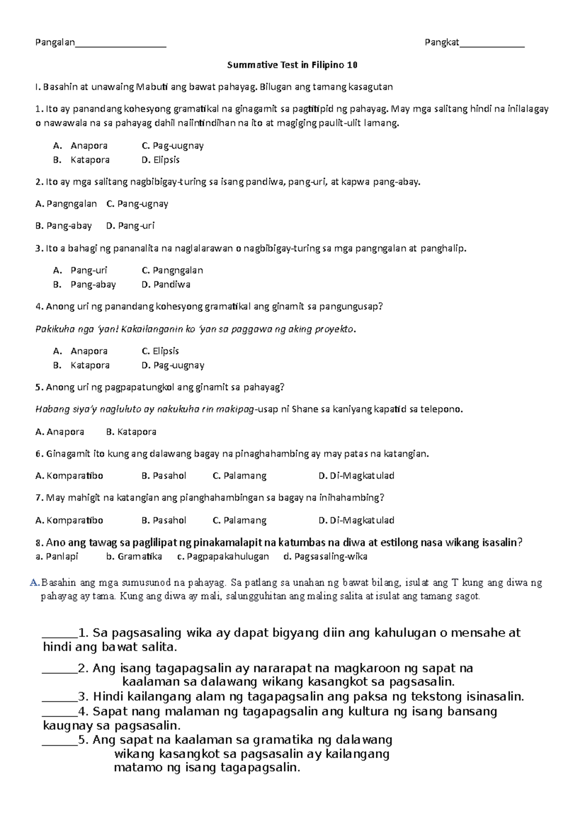 Summative Test in Filipino 10: Evaluation and Understanding Activities ...