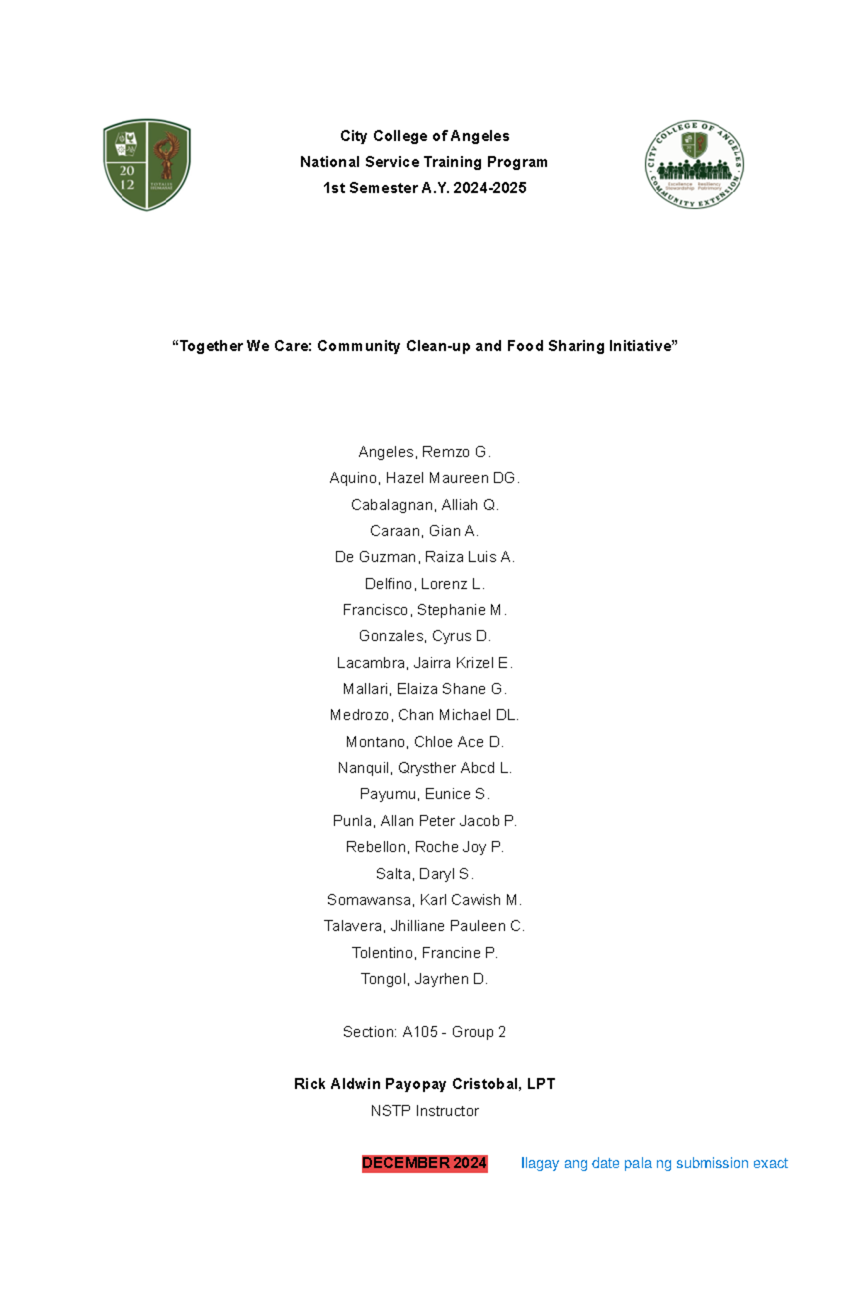 NSTP Project Proposal - City College of Angeles National Service ...