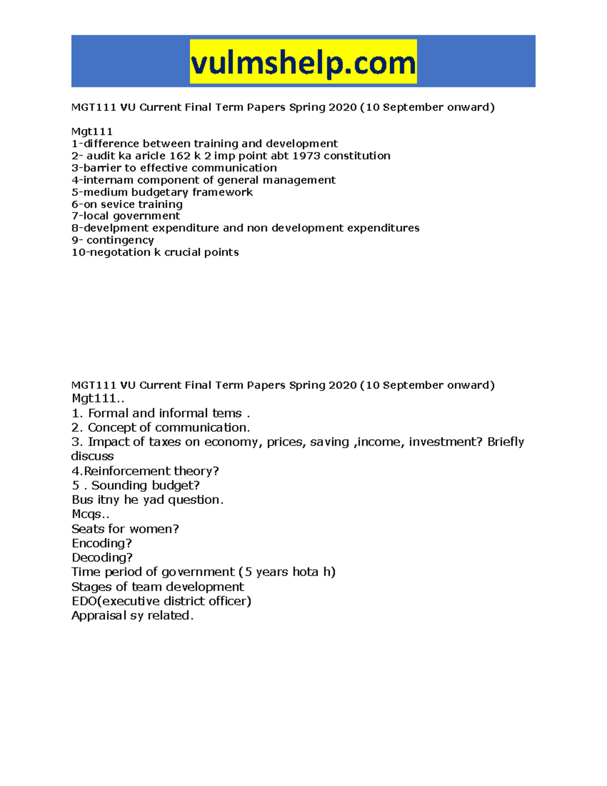 MGT111 Final Term Past Papers Overview for Spring 2020 - Studocu