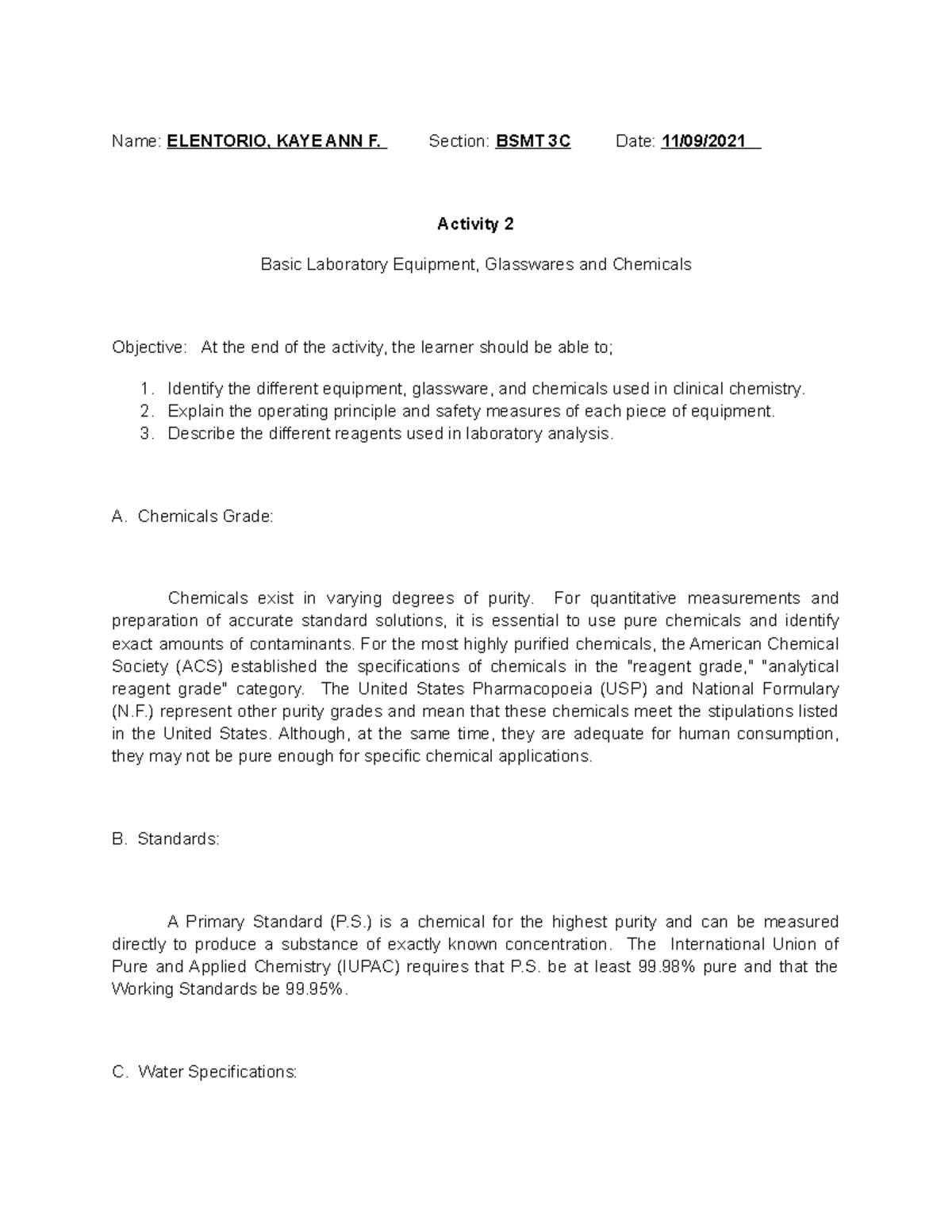 BSMT 3C Activity 2: Laboratory Equipment, Glassware & Chemicals Guide ...