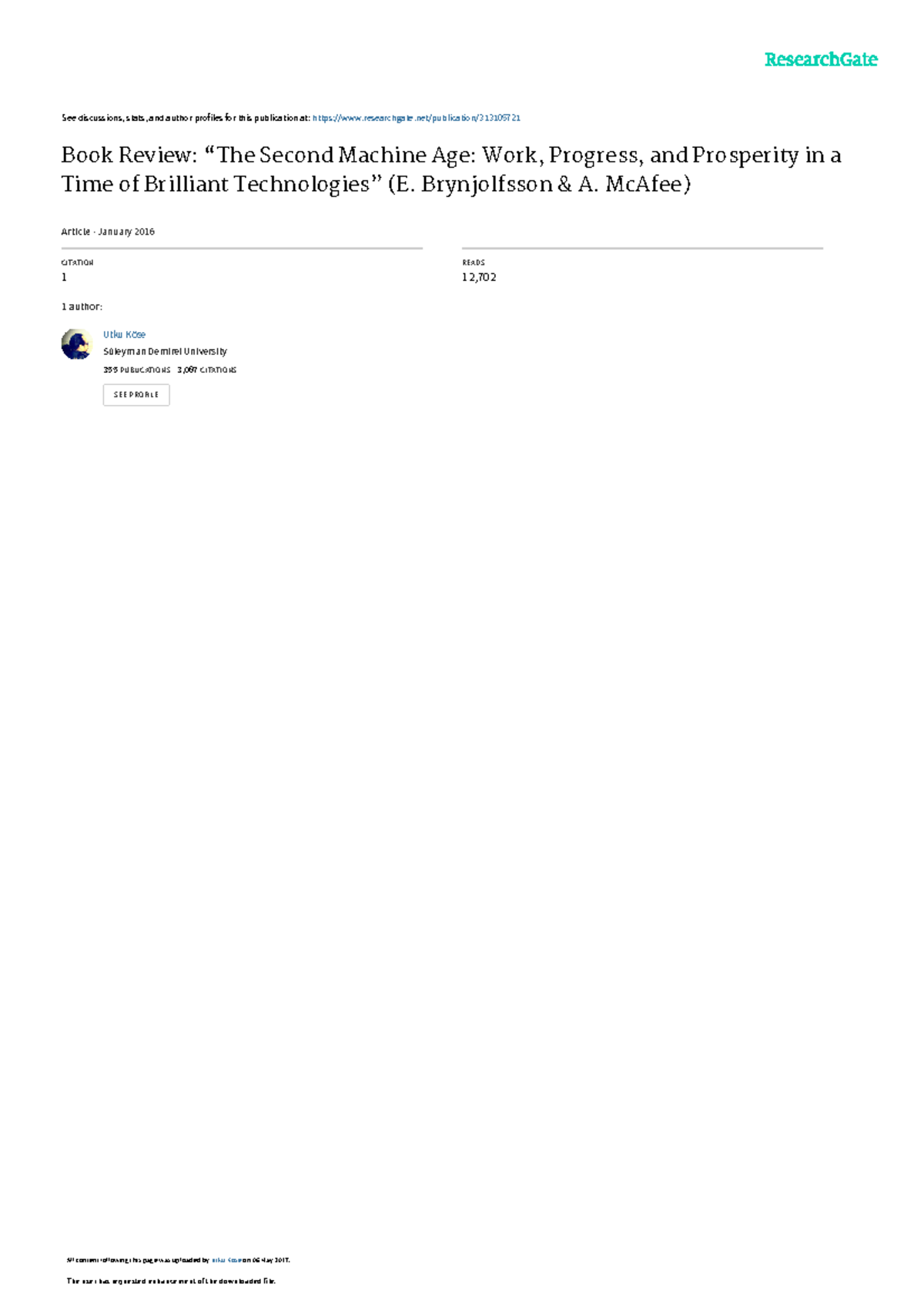 Book Review: The Second Machine Age (E. Brynjolfsson & A. McAfee) - Studocu