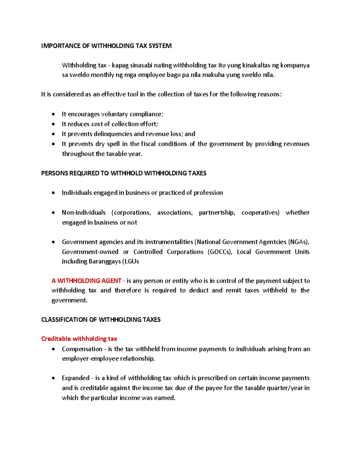 Withholding Tax System: Comprehensive Notes and Guidelines - Studocu