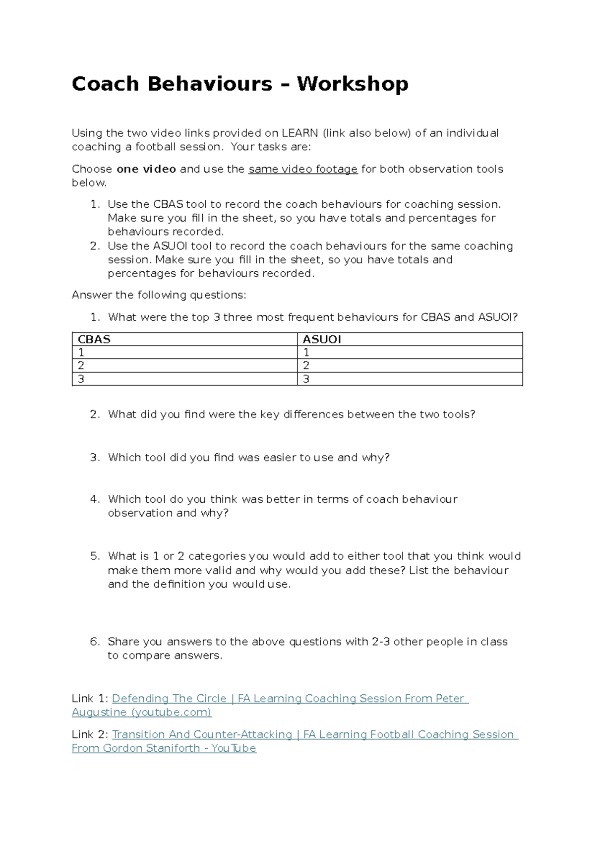 Coach Behaviours Workshop: CBAS & ASUOI Analysis Notes - Studocu
