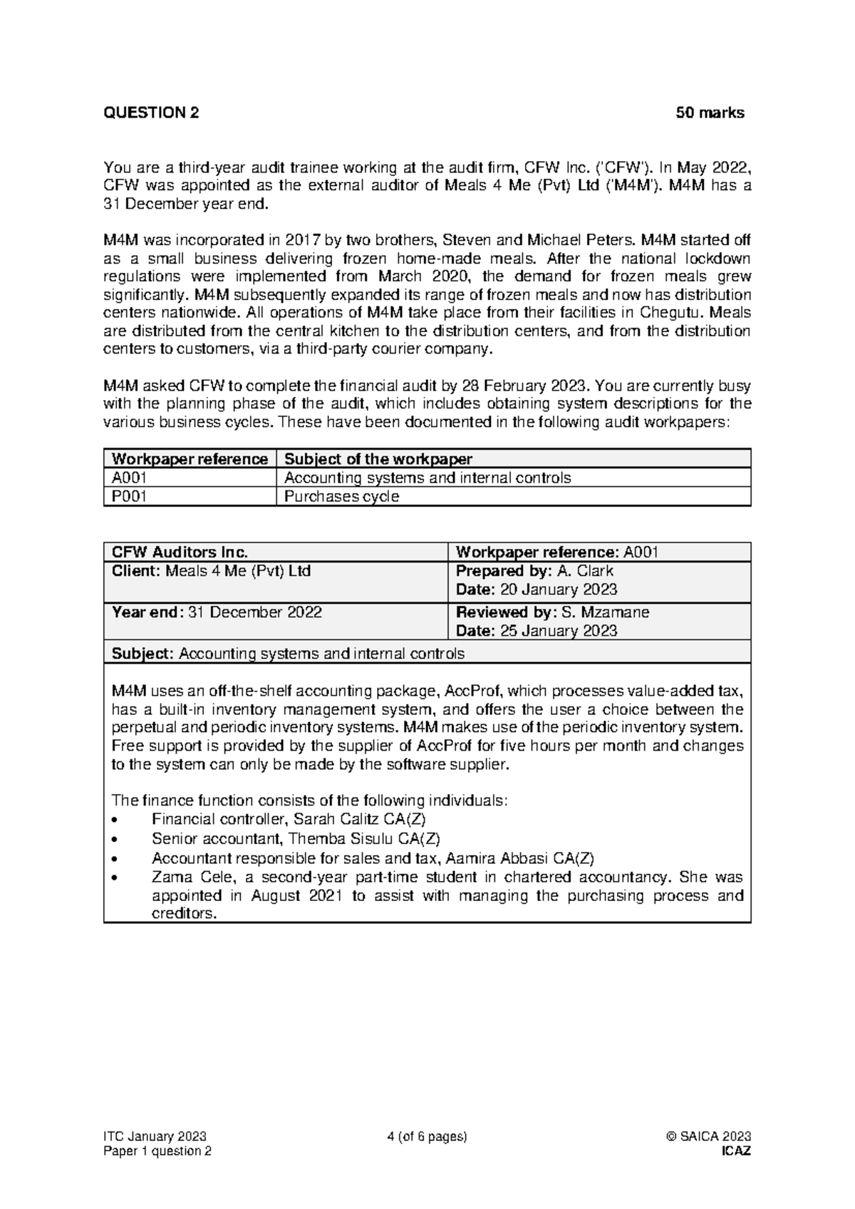 ITC Jan 2023 Exam Paper 1 Question 2: Audit of Meals 4 Me (M4M) - Studocu