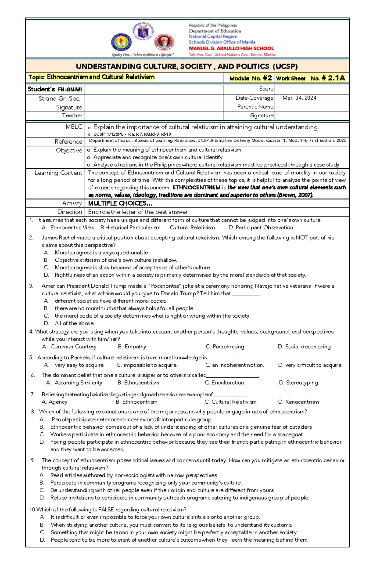 2.-Worksheets-Quiz UCSP-2 - Topic: Ethnocentrism and Cultural Relativism Module No . # 2 Work ...
