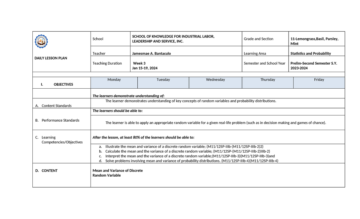 DLL WEEK 3 - Lesson Plan for Statistics: Mean & Variance Topics - Studocu
