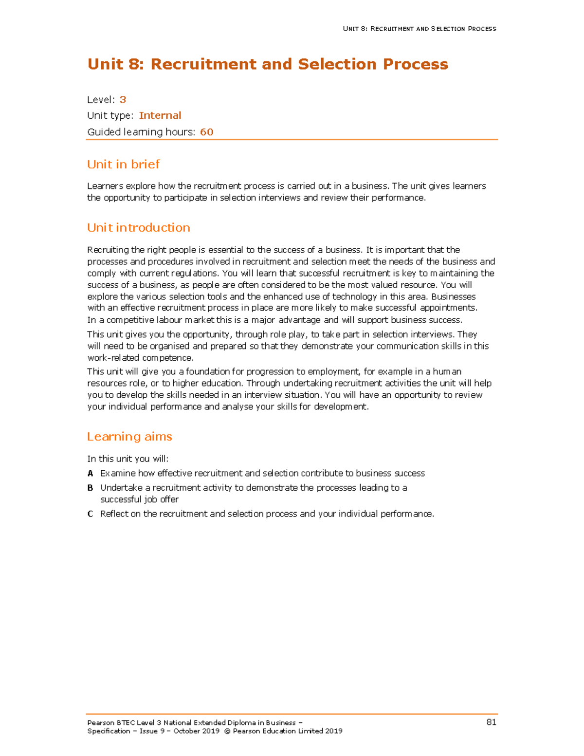 BTEC Level 3 Unit 8: Recruitment & Selection Process Overview - Studocu