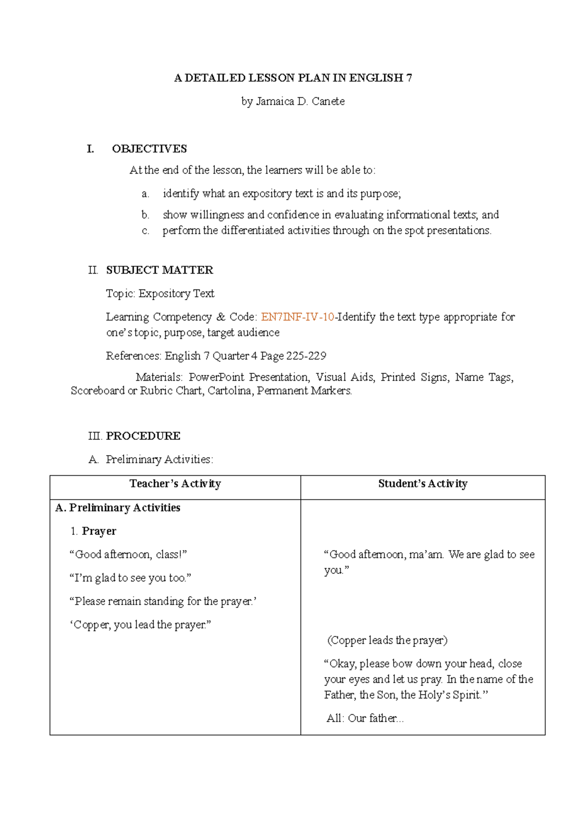 Detailed Lesson Plan: Expository Texts for English 7 - Studocu