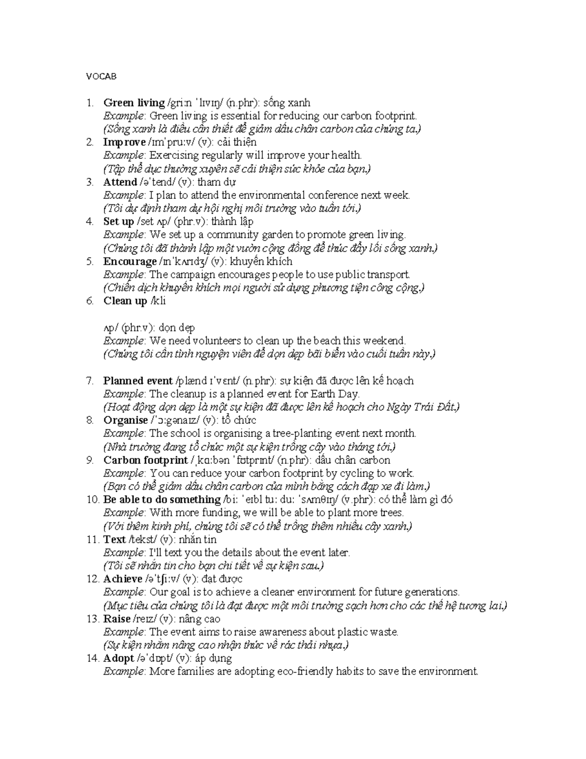 Vocaband reading unit 2 - VOCAB 1. Green living /gri n l v ŋ/ (n): sống ...