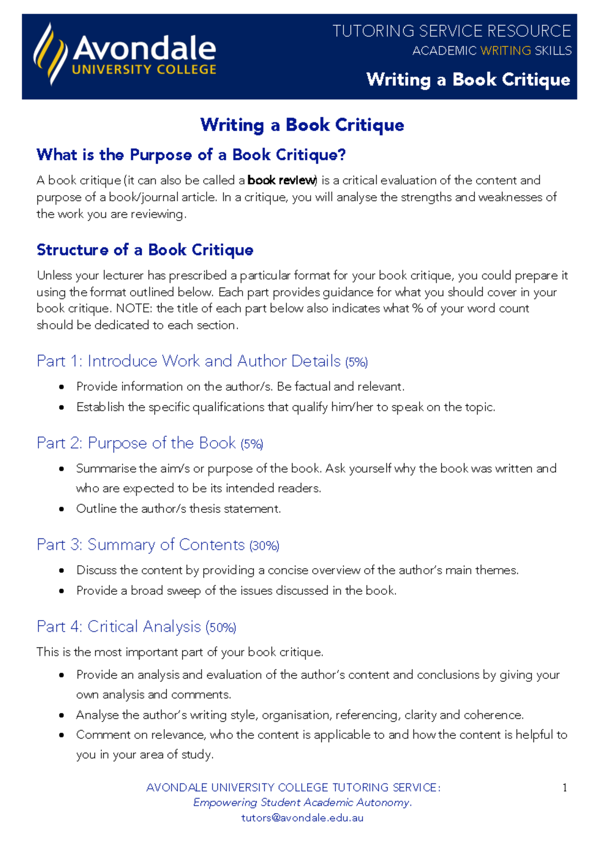 AVO101 Writing a Book Critique: Academic Skills Guide - Studocu