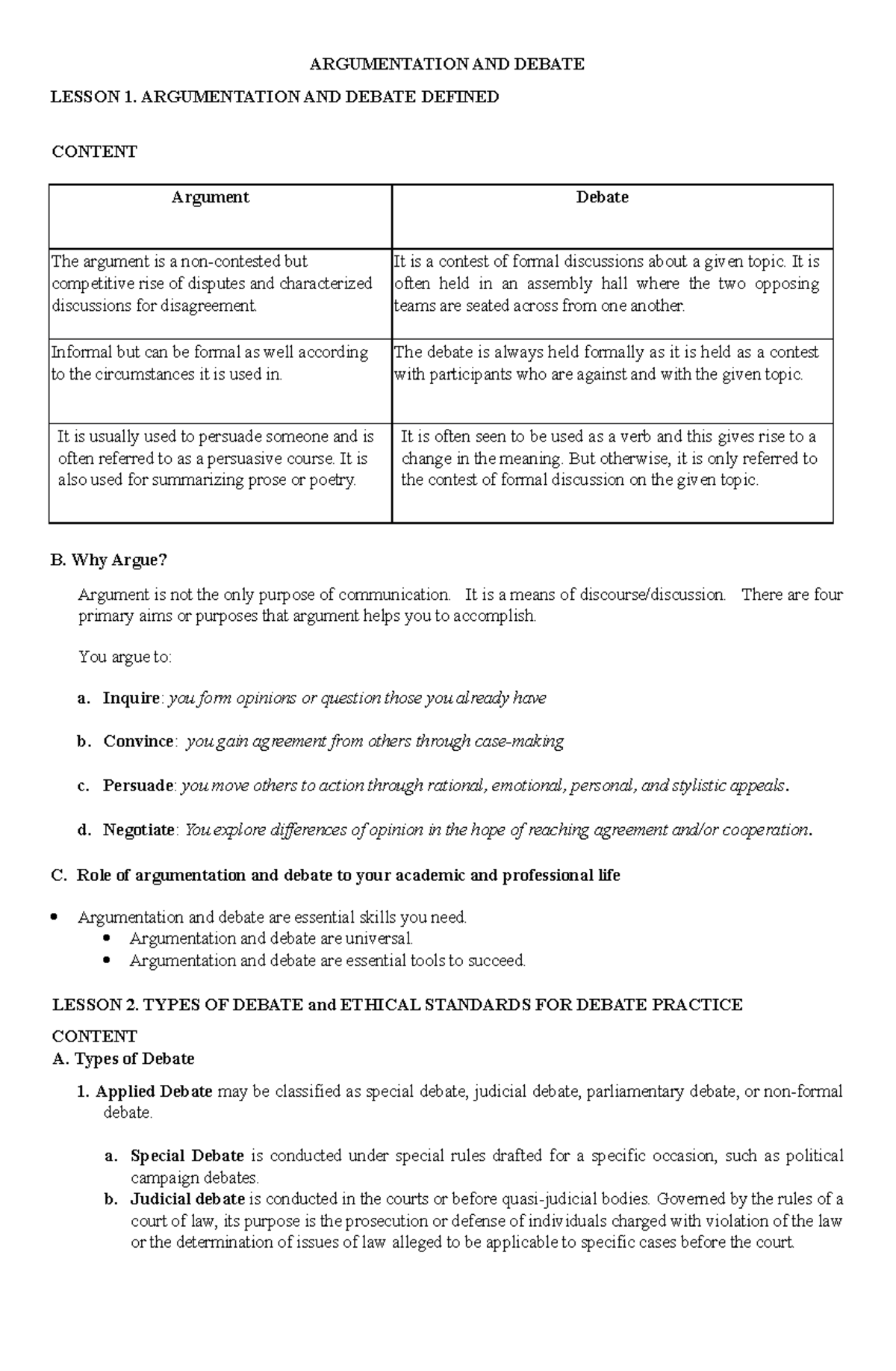 Argumentation and Debate 1TO4: Comprehensive Lesson Overview and Types ...