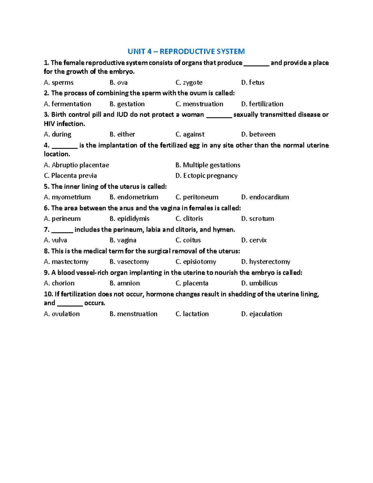 235 U4 Reproductive System MCQs and Answers - Studocu