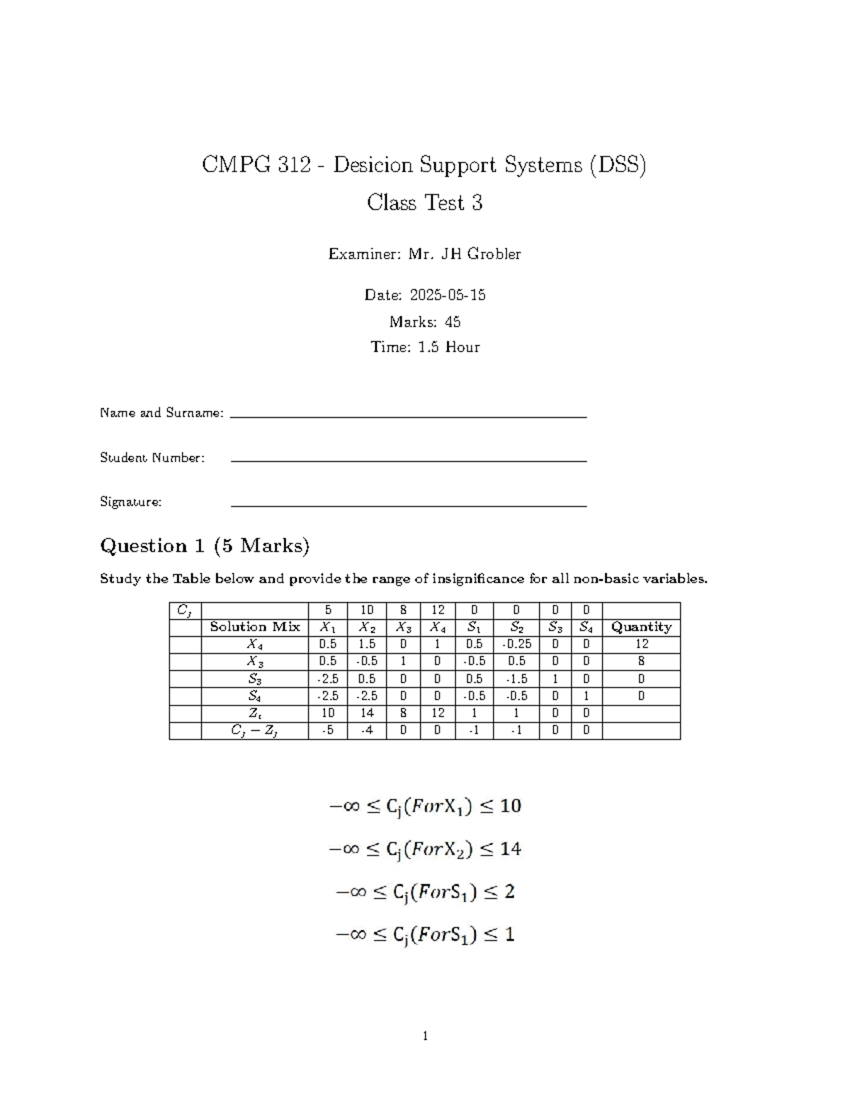 CMPG 312 Decision Support Systems (DSS) Class Test 3 Memo - Studocu