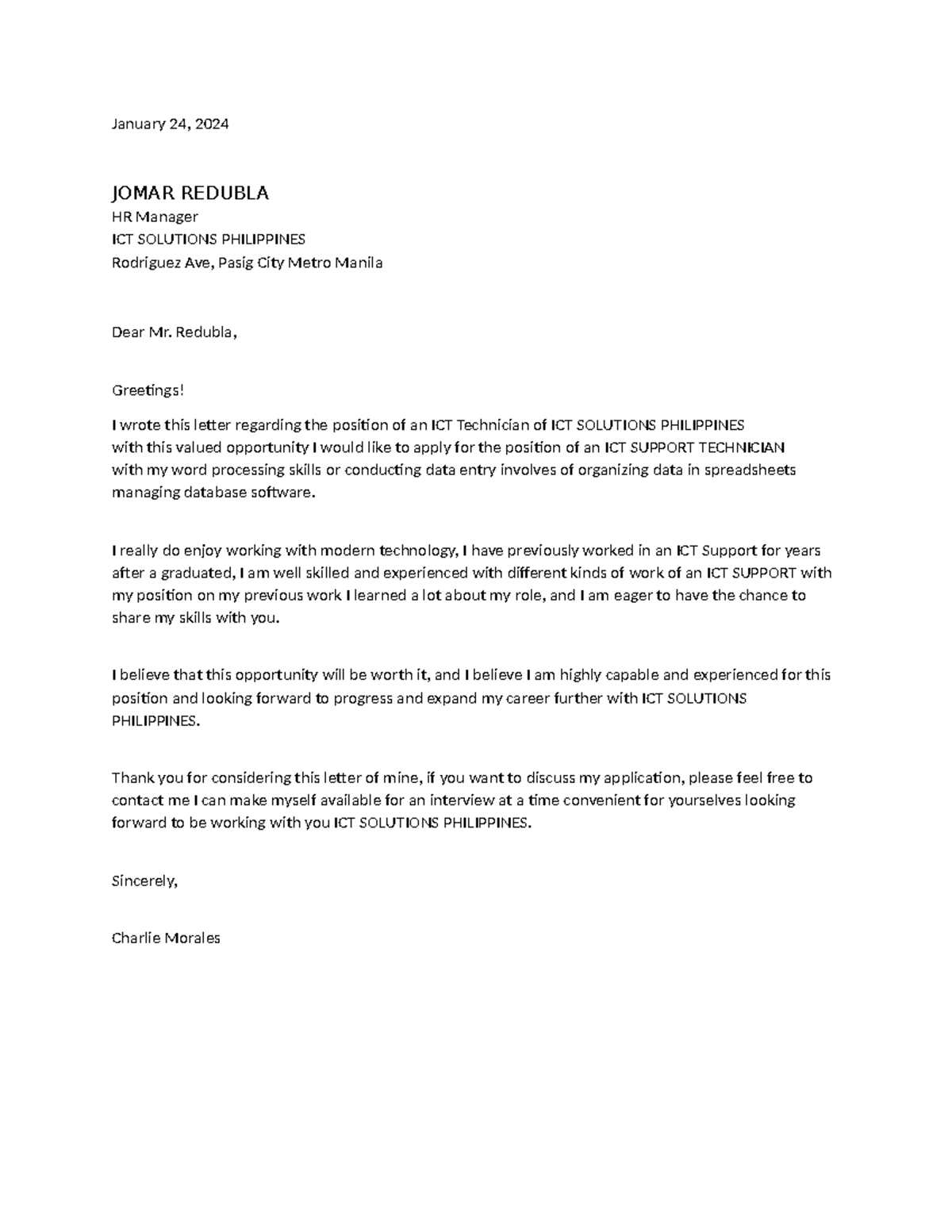 ICT Support Technician Application Letter by Charlie Morales - Studocu