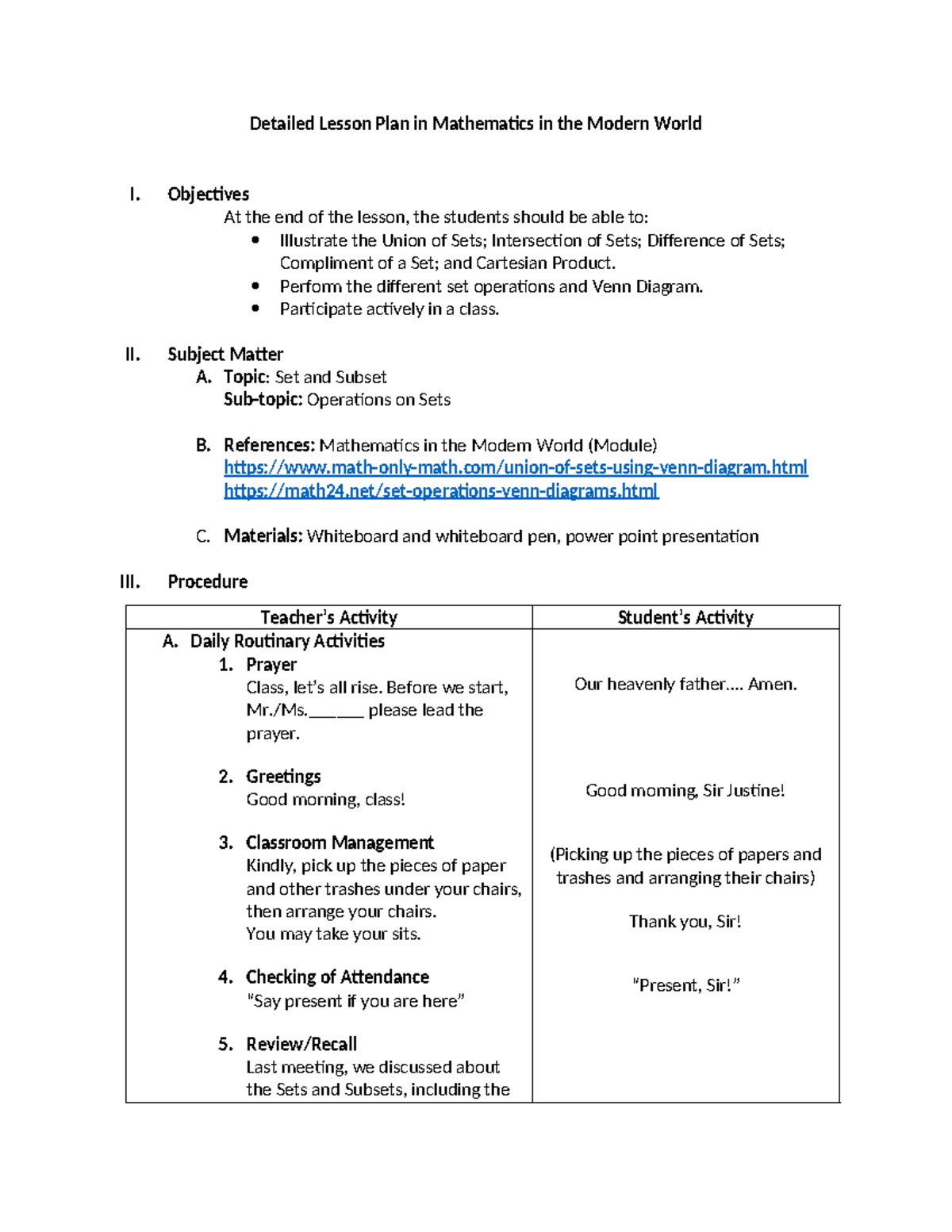 Detailed Lesson Plan: 4A's Approach to Operations on Sets - Studocu