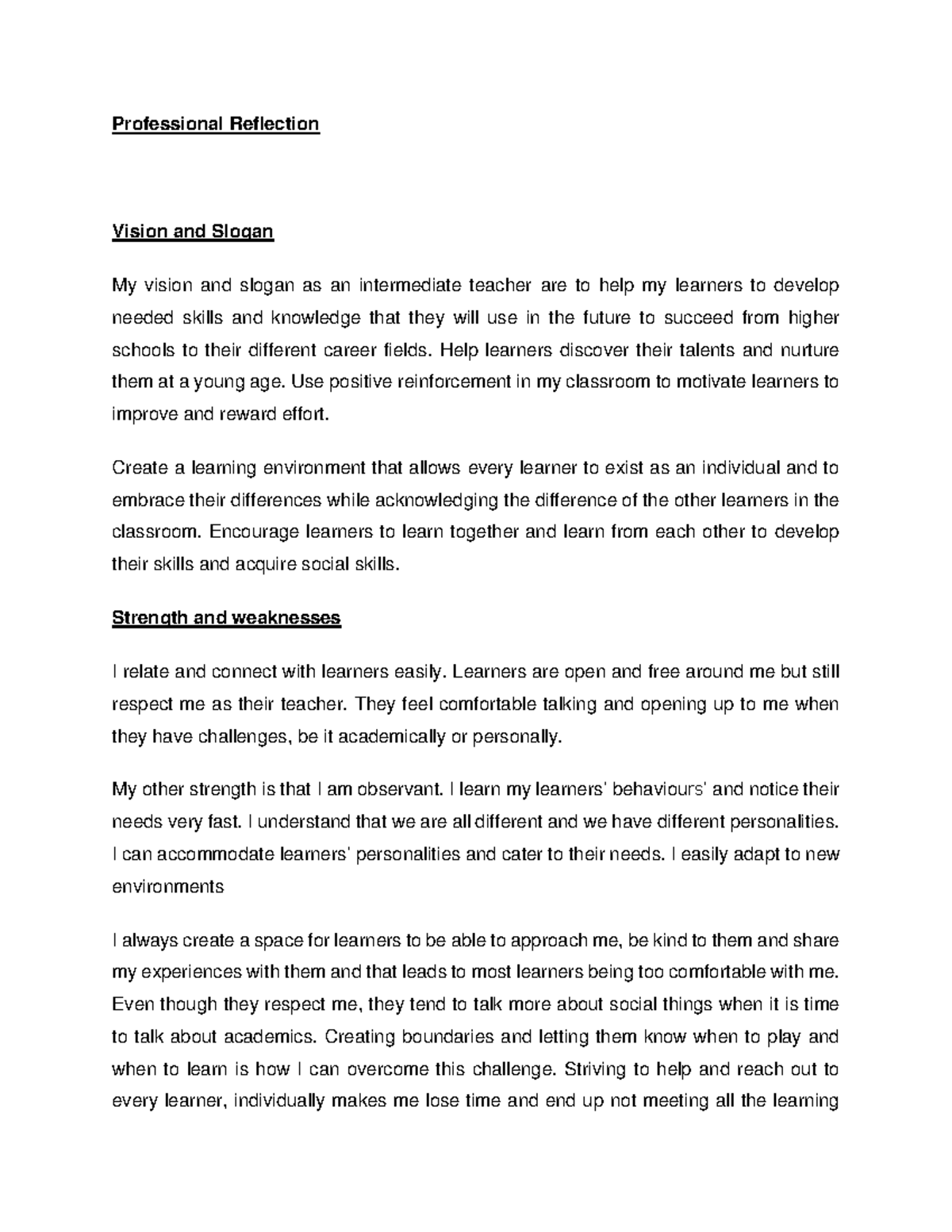 Professional Reflection on Teaching Practices - PRO453 - Studocu