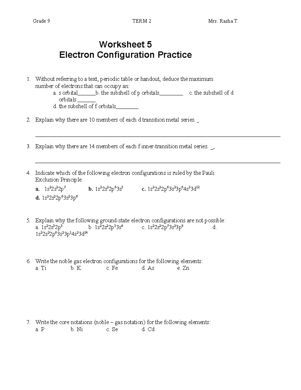 Grade 9 TERM 2 Mrs. Rasha T. Worksheet 5 Electron Configuration ...
