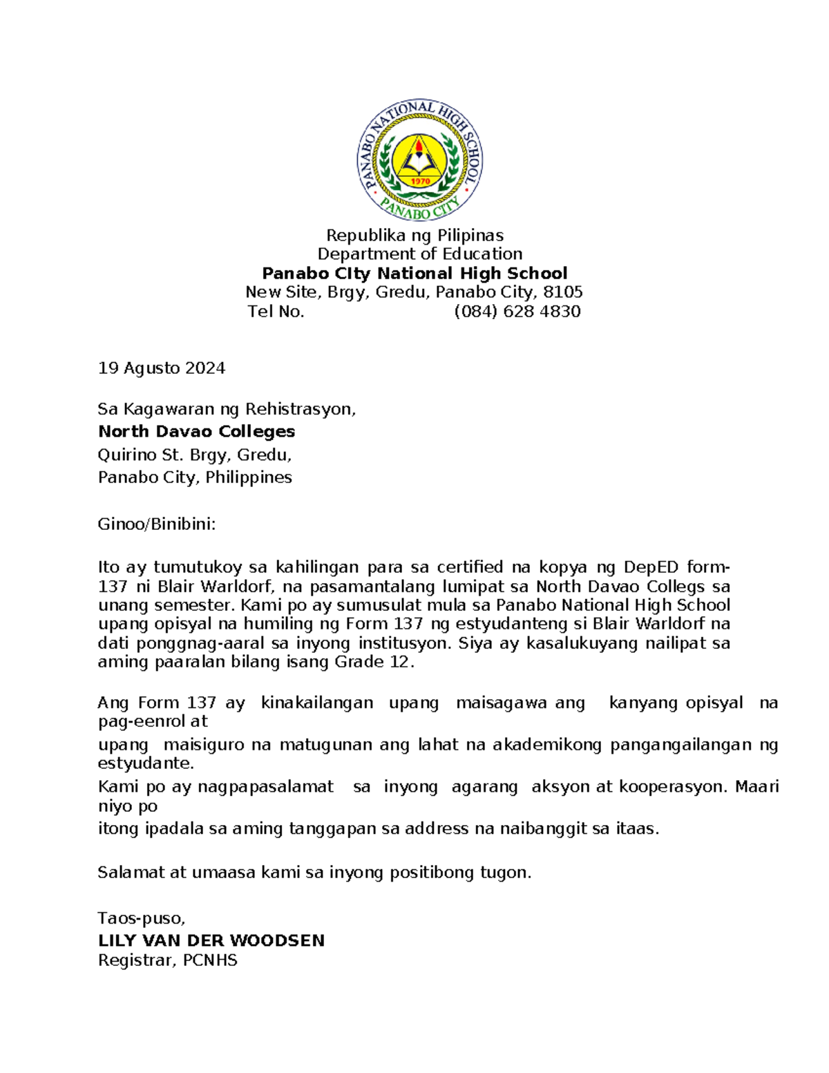 Request Letter for Form 137 - G12 Filipino sa Piling Larang - Studocu