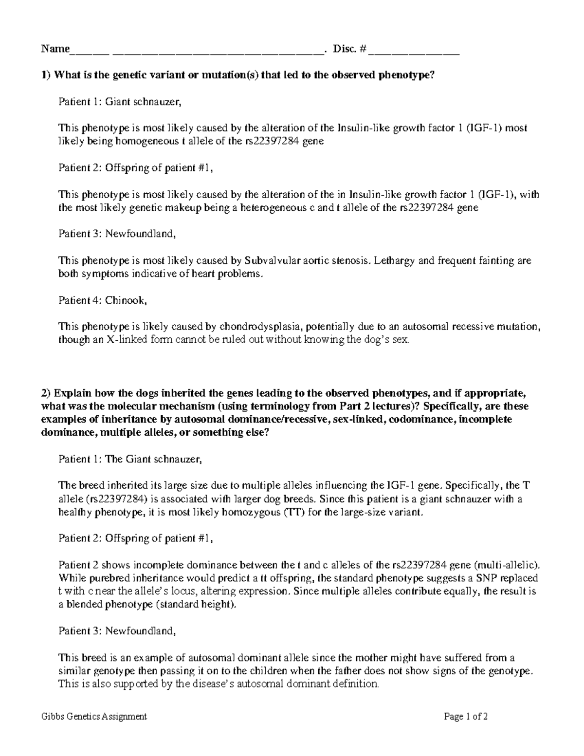 Genetics Assignment Submission Sheet - Gibbs Genetics Assignment Page 1 ...