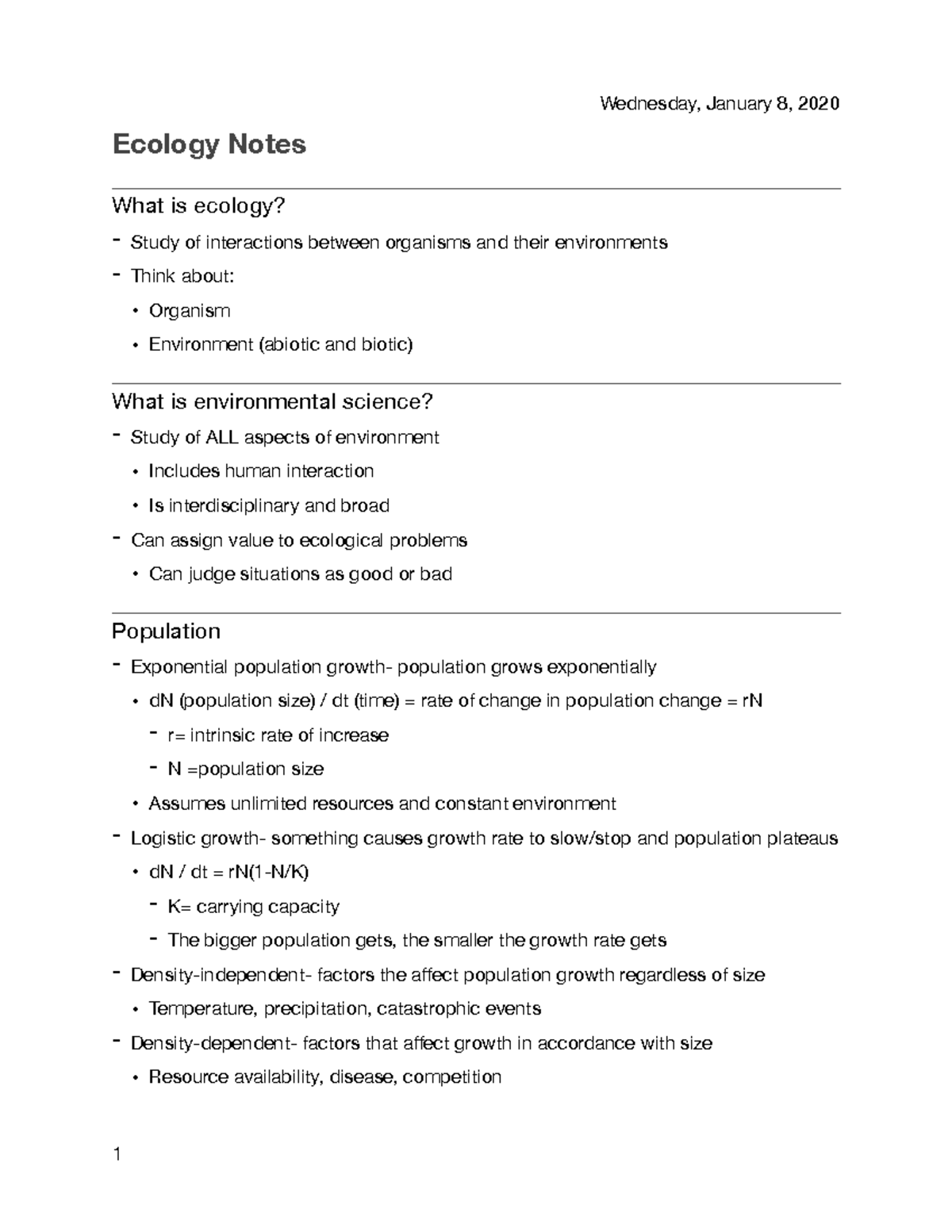 Ecology - PowerPoint & Lecture Notes for ENV 101 Final Exam - Studocu