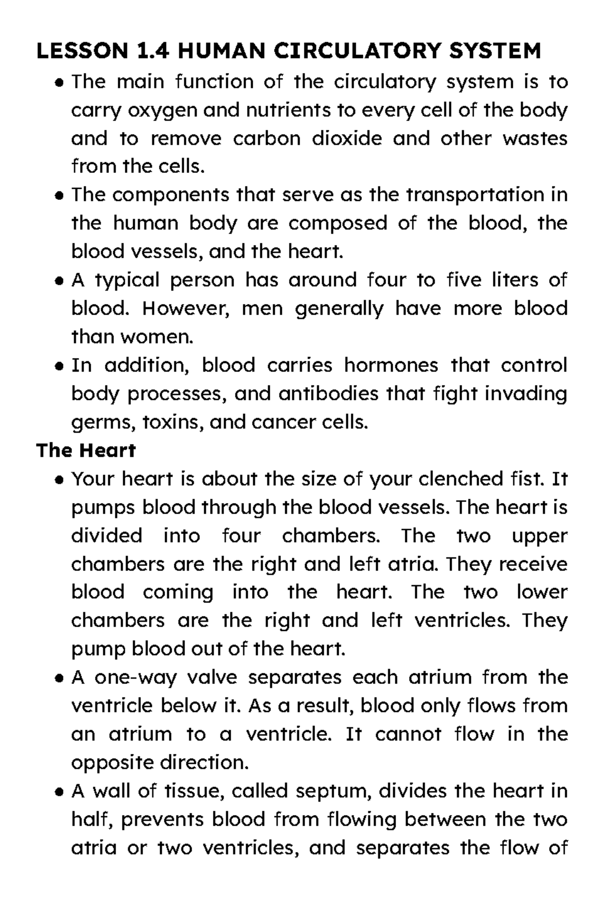 Circulatory System - LESSON 1 HUMAN CIRCULATORY SYSTEM The main ...