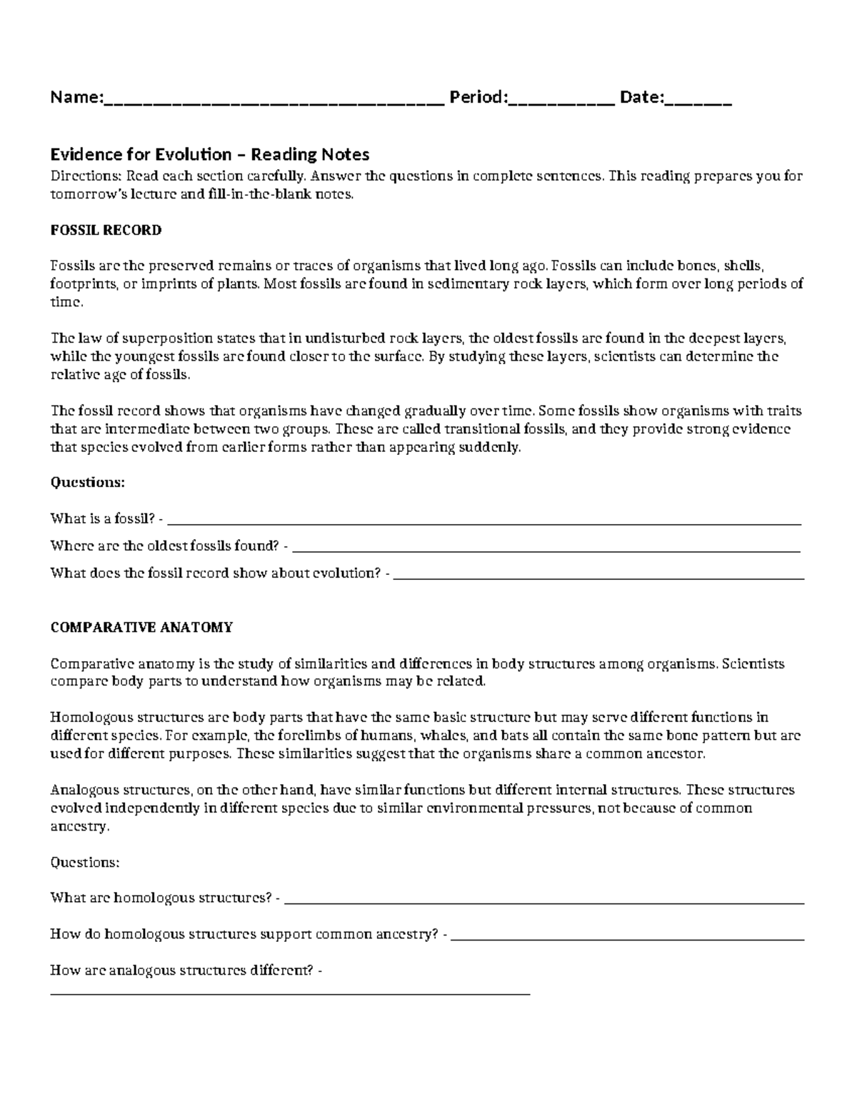 Day 2 Evidence for Evolution Reading Notes & Answer Key - Studocu