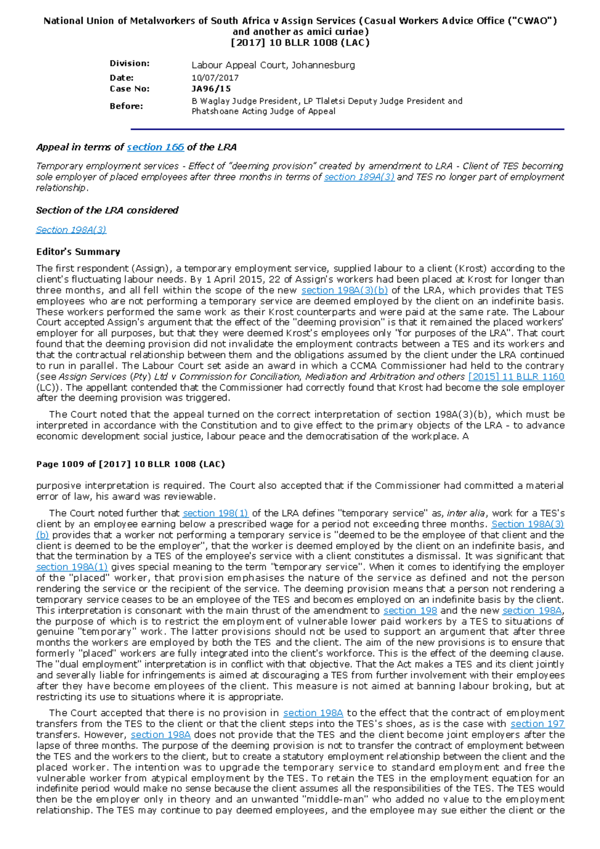 NUMSA v Assign Services: Interpretation of Section 198A(3)(b) LRA Case ...