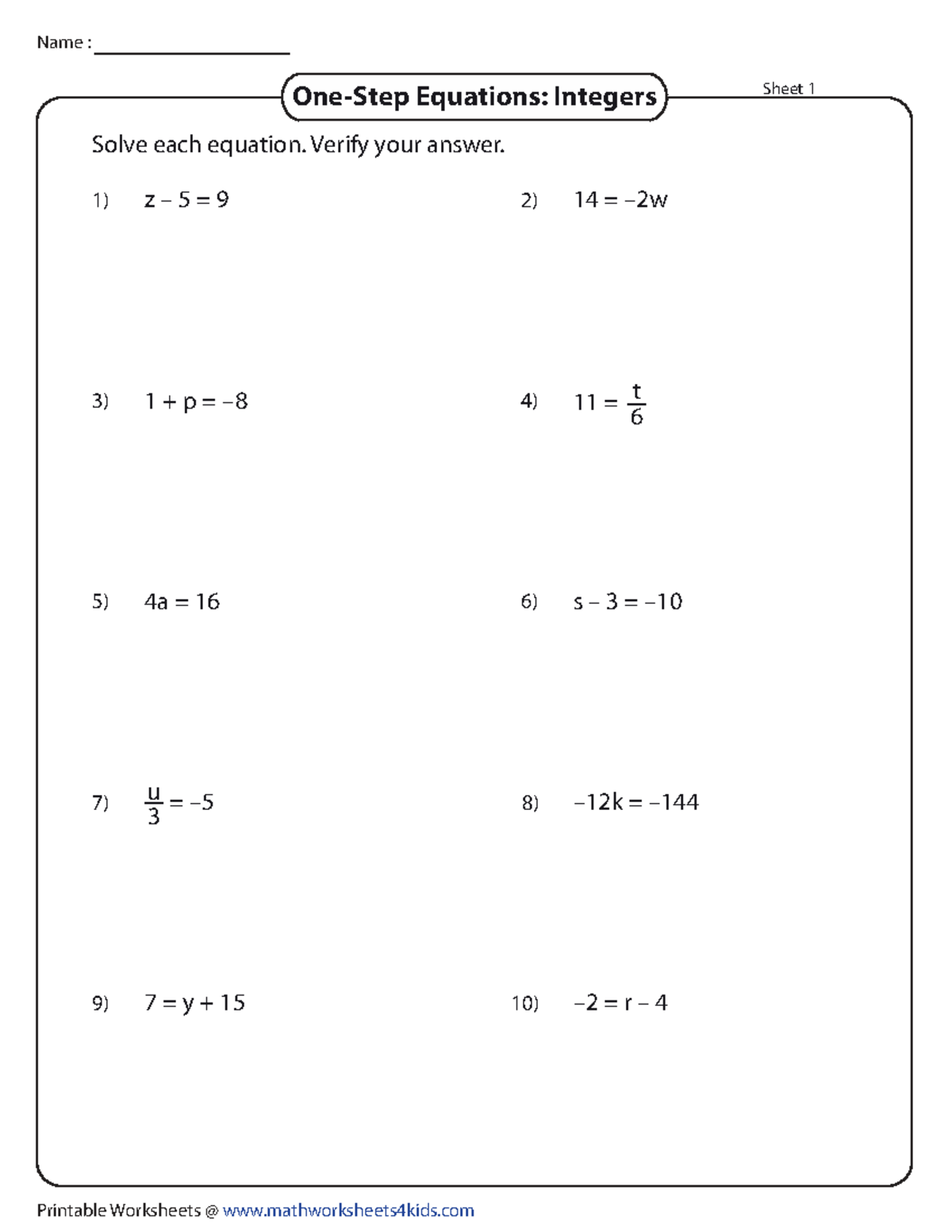 One step equations+ - asdada - Álgebra - Name : Printable Worksheets ...
