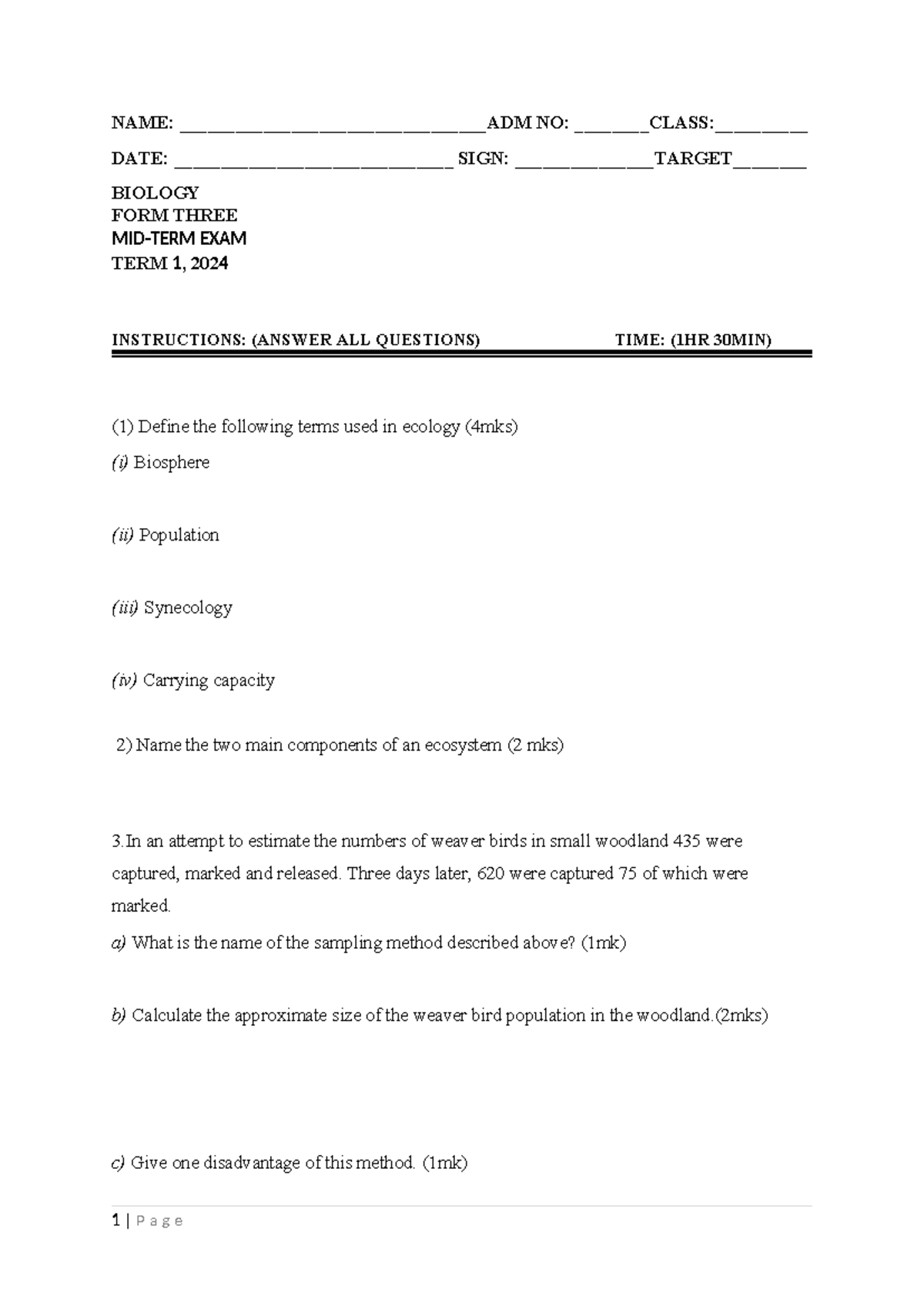 Biology F3 EXAM - lecture notes - NAME ...